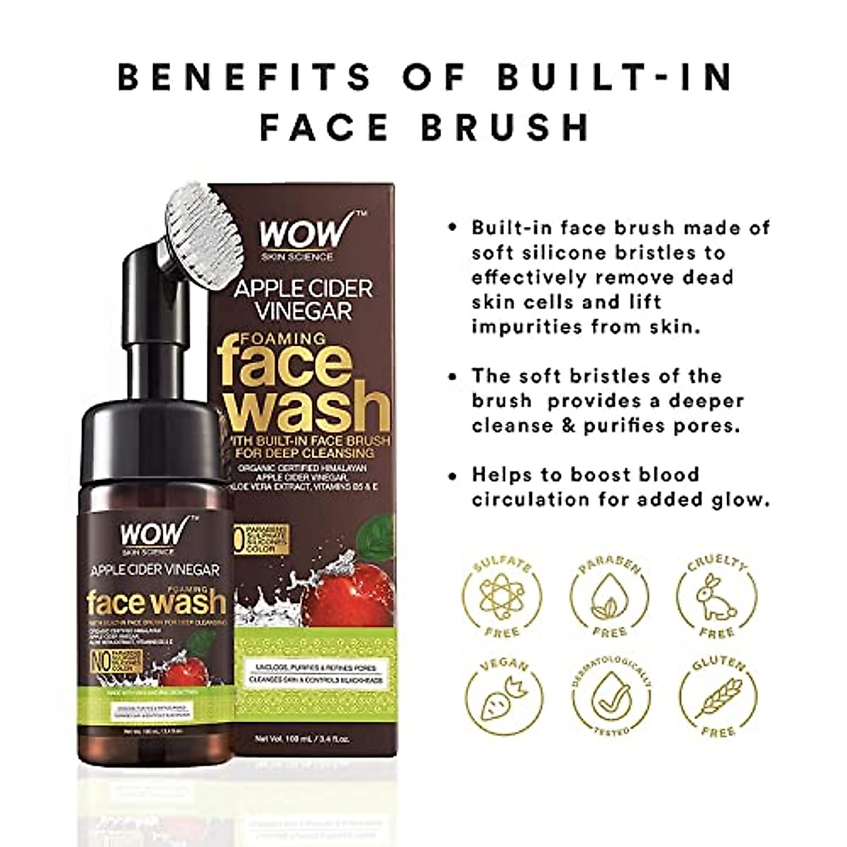 WOW Skin Science Apple Cider Vinegar Foam Exfoliating Face Wash & Brush - Facial Cleanser Acne Face Wash - Face Wash Oily Skin Gentle Face Cleanser - Natural Face Wash Sensitive Skin (5.07 Fl Oz)