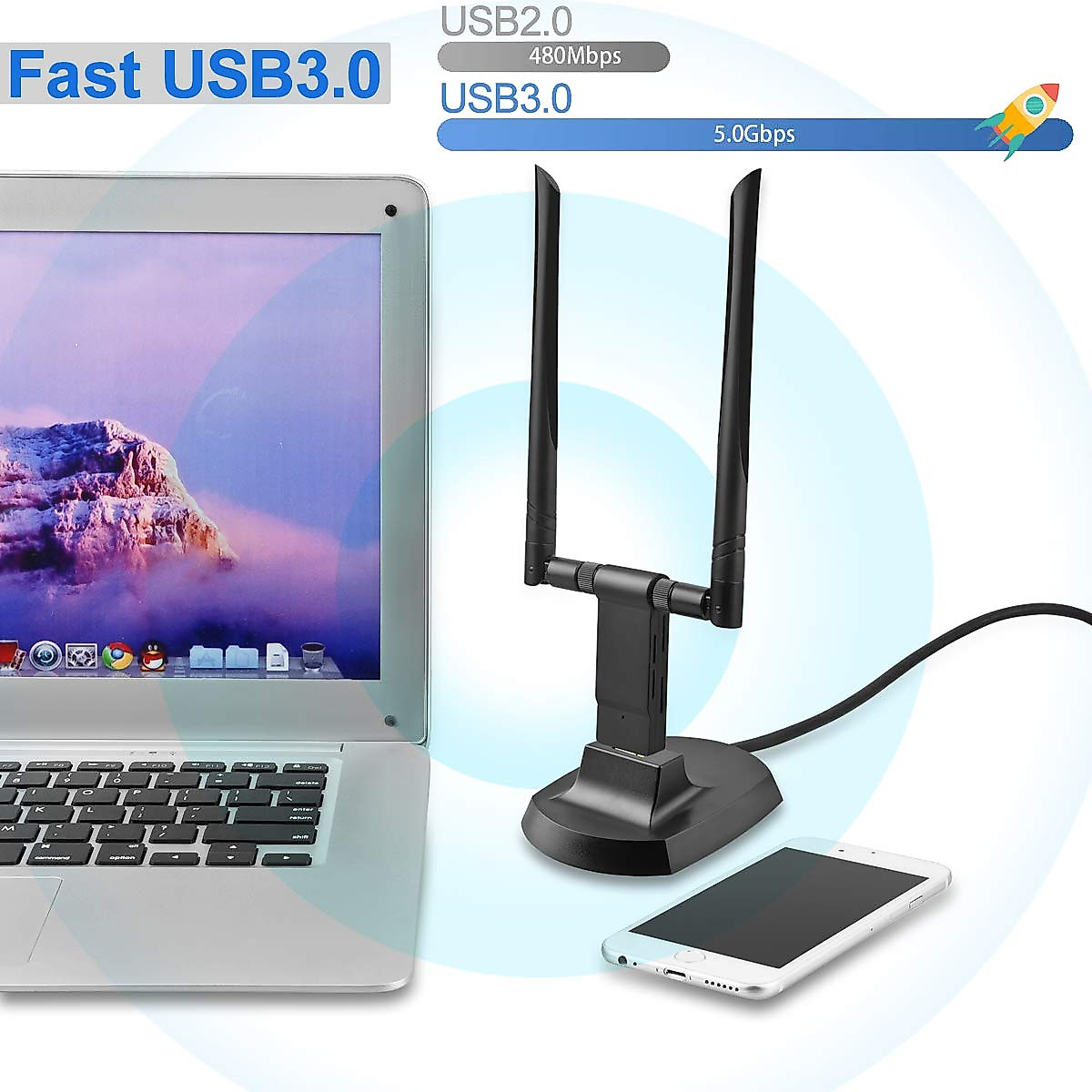 USB WiFi Adapter, 1200Mbps Dual Band 2.4GHz/300Mbps 5.8GHz/867Mbps High Gain 5dBi Antennas USB 3.0 Wireless Network Adapter for PC Desktop Laptop with Windows 10/8/7/XP/Vista, Mac OS, Linux