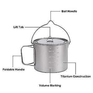 LIXADA 1100ml/2800ml Titanium Pot Ultralight Portable Hanging Pot with Lid and Foldable Handle Outdoor Camping Hiking Backpacking (1100ml)