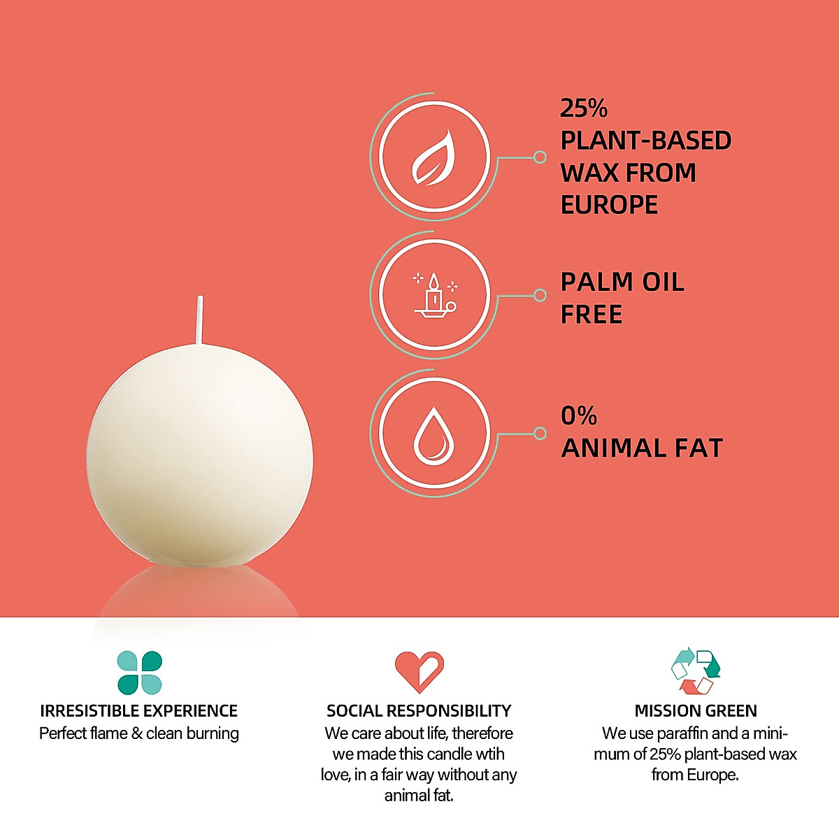 Ball Pillar Candles Set of 3 Ivory 3Inch Unscented Handpoured Weddings, Home Decoration, 75 Hour