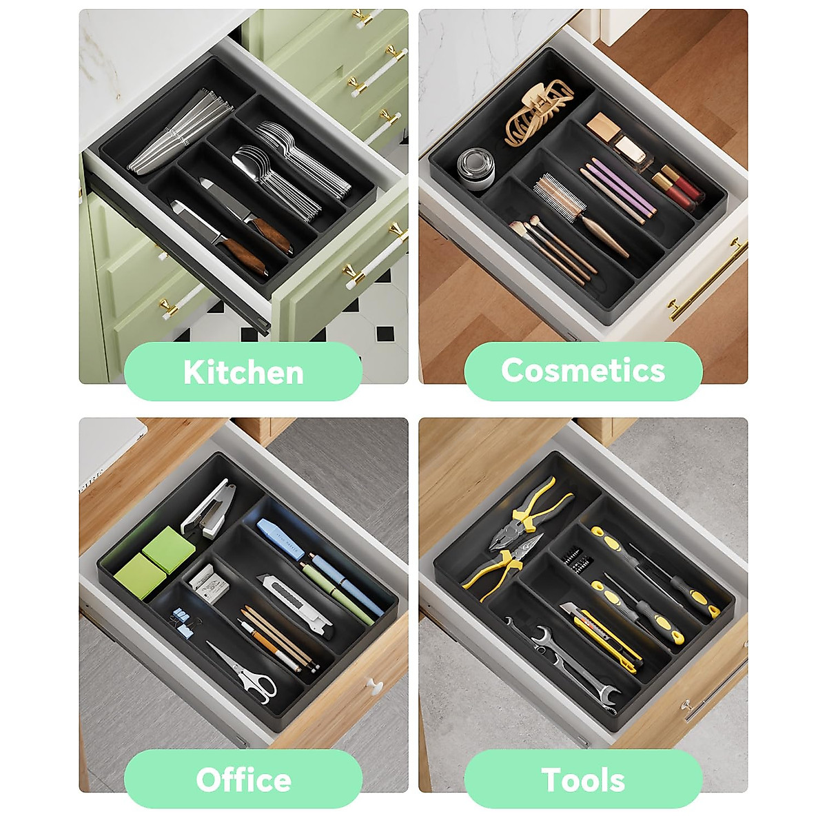 EUHOME Silicone Silverware Drawer Organizer Tray