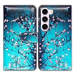Bcov Galaxy S23 Case, Plum Blossom Flower Leather Flip Phone Case Wallet Cover with Card Slot Holder Kickstand for Samsung Galaxy S23