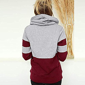 FraftO Womens Hoodie Top Spell Color Stripes Large Size Long Sleeve Sweatshirt Drawstring Pocket Simple Pullover Wine