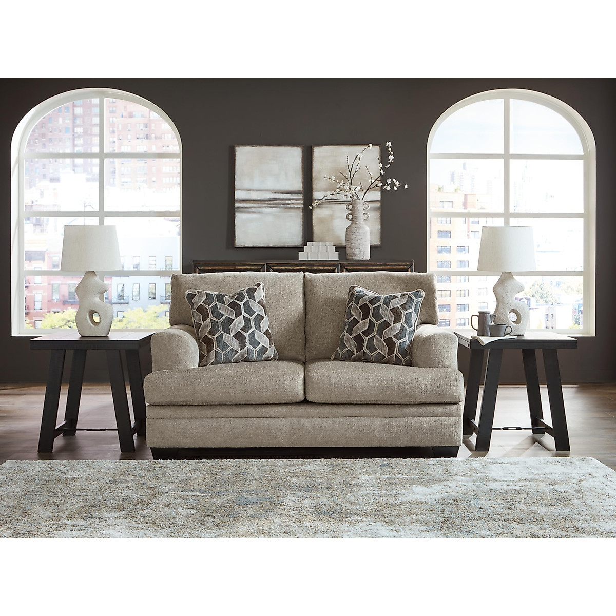 Signature Design by Ashley Stonemeade Casual Loveseat with 2 Toss Pillows, Light Brown