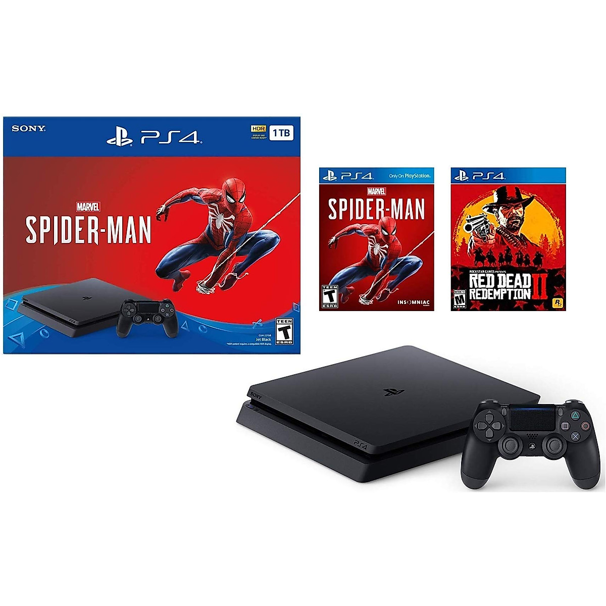 Sony Playstation 4 1TB Marvel's Spider-Man Bonus Bundle w/Red Dead Redemption: Playstation 4 1TB Jet Black Console, Marvel's Spider-Man, Red Dead Redemption 2, DUALSHOCK 4 Wireless Controller
