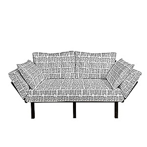 Lunarable Old Newspaper Futon Couch, Close up View of Aged Journal Page Headings News Articles Columns, Daybed with Metal Frame Upholstered Sofa for Living Dorm, Loveseat, Charcoal Grey White