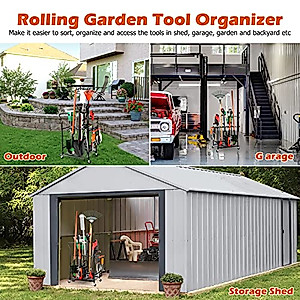 Kingarage Garden Tool Organizer, Garden Tool Storage on Wheels, Tool Tower Garage Storage, Long Handle Tool Storage for Shed, Garage, Garden Steel, Black