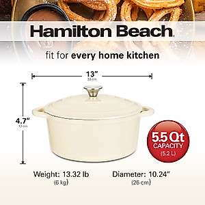 Hamilton Beach Enameled Cast Iron Dutch Oven 5.5-Quart Cream, Cream Enamel Dutch Oven Pot with Lid, Cast Iron Dutch Oven with Even Heat Distribution, Safe Up to 400 Degrees, Durable