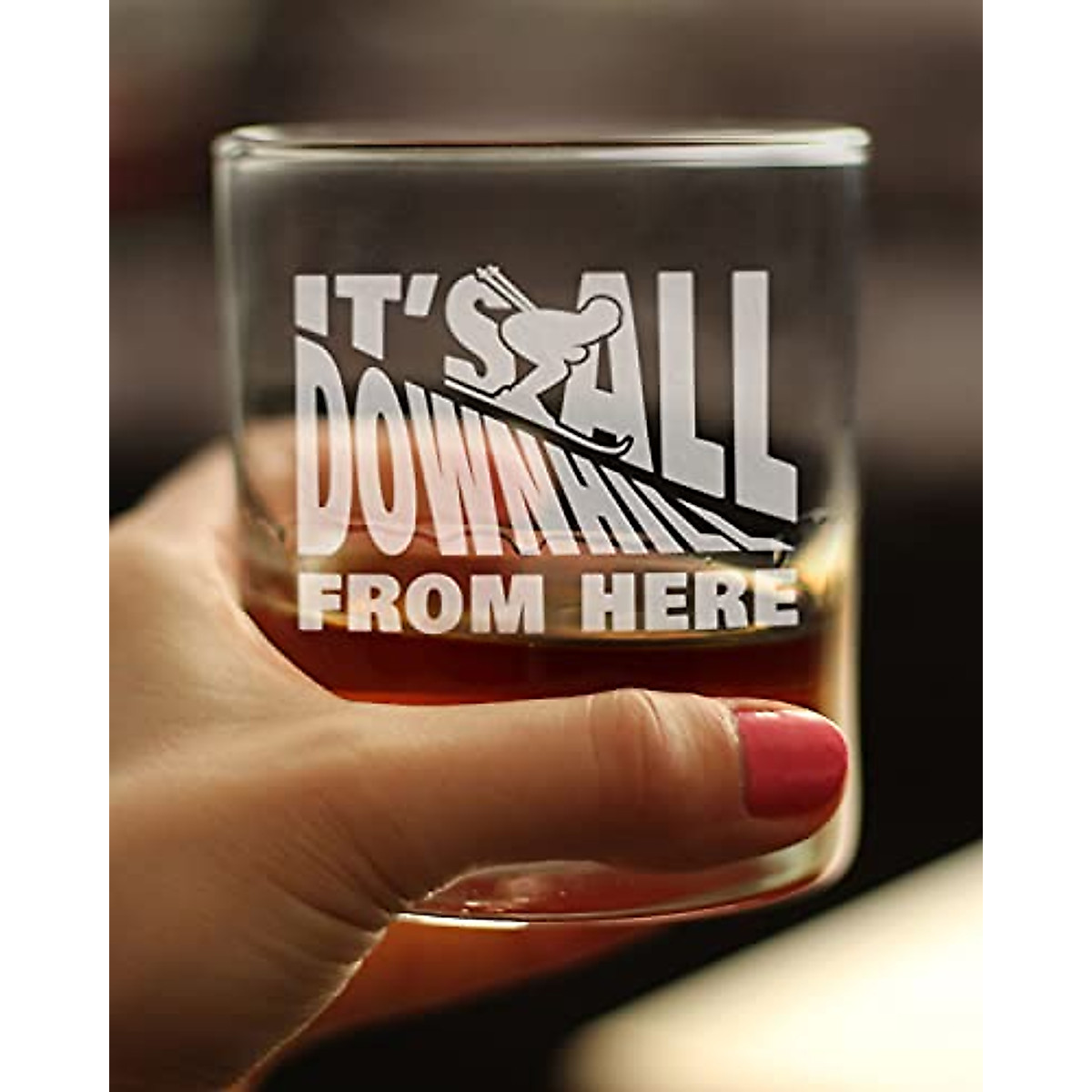It's All Downhill From Here - Whiskey Rocks Glass - Unique Skiing Themed Decor and Gifts for Mountain Lovers - 10.25 Oz Glasses