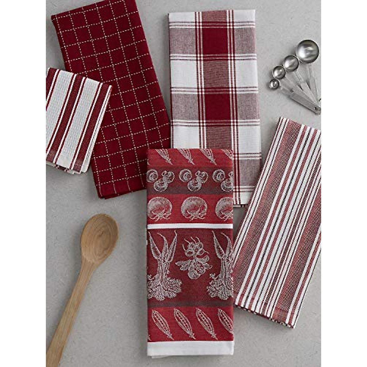 DII Assorted Pattern, Kitchen Collection, Dishtowels & Dishcloth, Garnet, 5 Piece