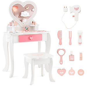 Costzon Kids Vanity Set, Girls Vanity Set with Mirror and Stool, Accessories, Drawer & Storage Shelf, Wooden Princess Makeup Dressing Table, Pretend Play Vanity Table and Chair Set for Toddlers, White