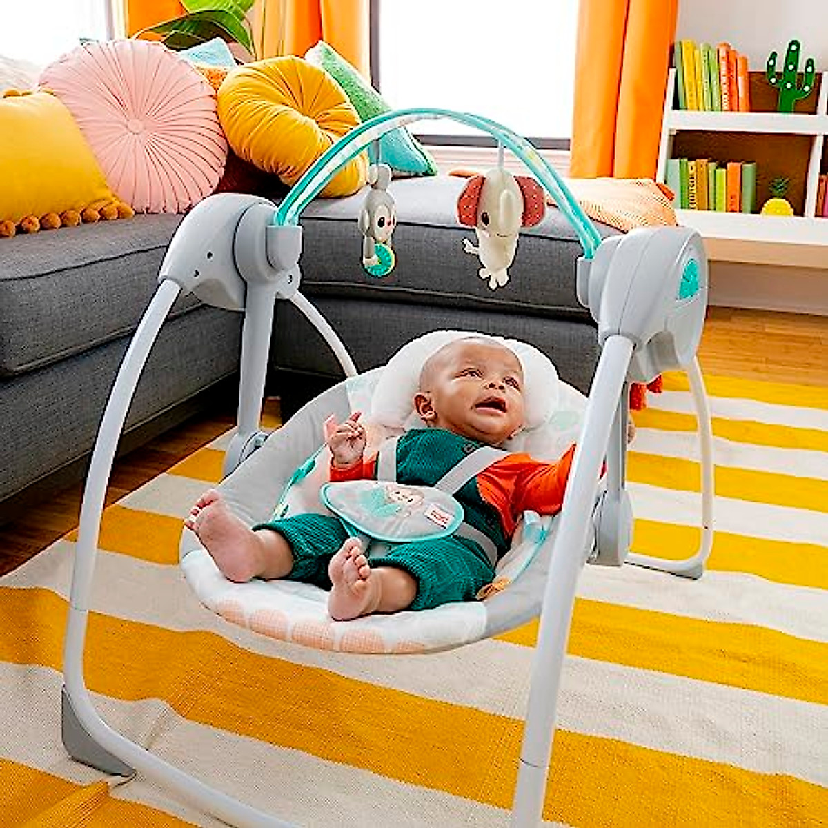 Bright Starts Portable Automatic 6-Speed Baby Swing with Adaptable Speed, Taggies, Music, Removable -Toy Bar, 0-9 Months 6-20 lbs (Whimsical Wild)