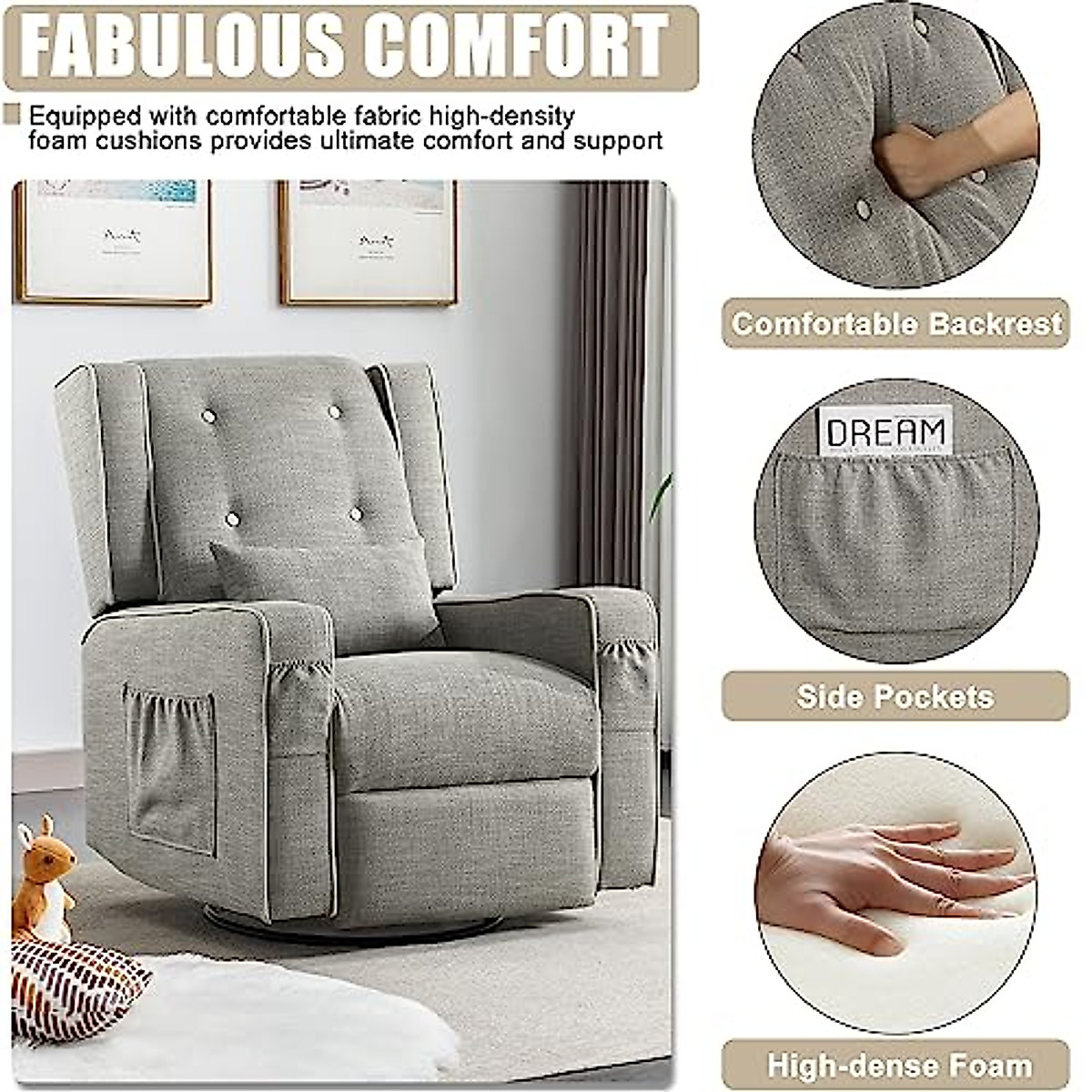 OPRISEN 360° Manual Swivel Recliner Swivel Rocker Recliner Chair for Nursery Overstuffed Wingback Glider Chair w/Side Pockets/Cup Holders (Beige)