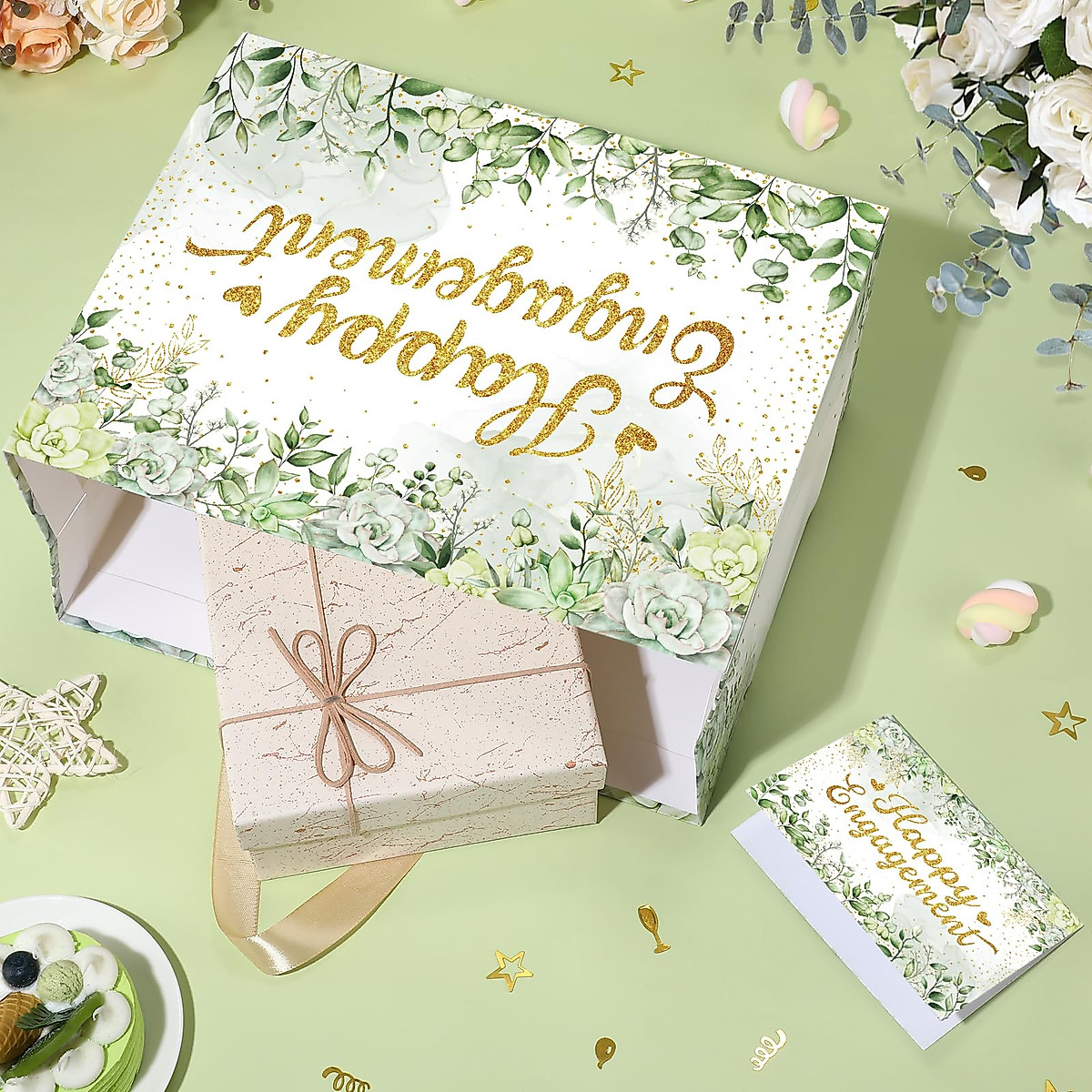 Engagement Party Gift Bags Sage Green Happy Engagement Gift Wrapping Paper Bag with Tissue Paper Card Eucalyptus Christmas Engagement Party Decorations Gift Bags Sage Green Happy Engagement Supplies