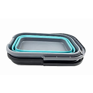 SAMMART 12L (3.1 Gallon) Collapsible Rectangular Handy Basket/Bucket/Multiuse Foldable Water Pail for Camping, Fishing (Alloy Grey + Crystal Blue (Set of 2))