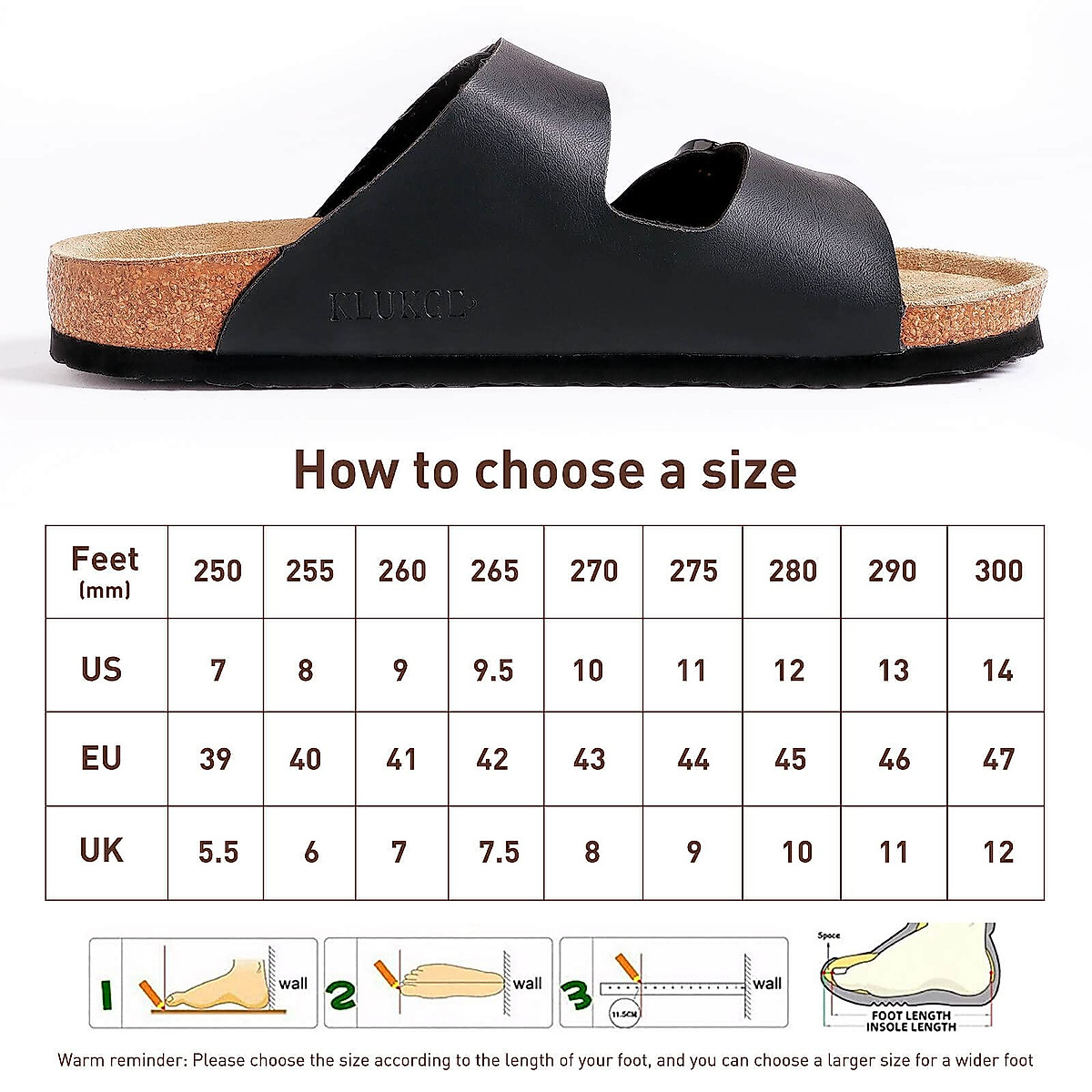 KLUKGE Mens Cork Sandals,Adjustable Buckle Leather Non-Slip Slippers Women's Flat Slide Cork Footbed Sandals Unisex Shoes, Arch Support(Black US 12)