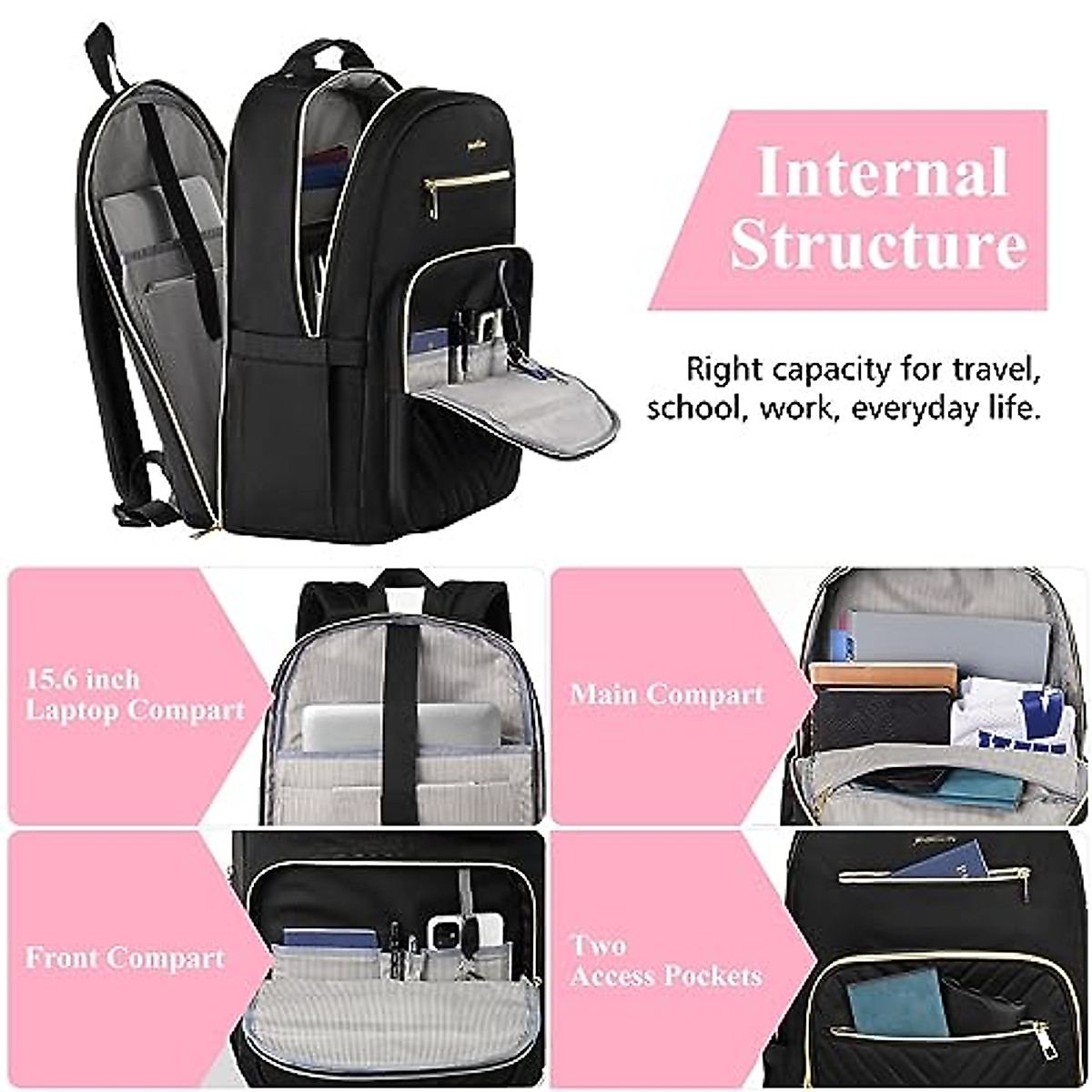 YAMTION Laptop Backpack Women,School Backpack for Women USB Bookbag for Business Work Office College Students Teacher,Black 15.6 inch