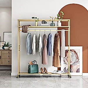 TIEOU Fashion Modern Gold Clothing Rack, Clothes Rack Heavy Duty, Clothing Racks for Hanging Clothes, Clothing Rack with Shelves, Wardrobe Closet Clothes Hanger Rack, Industrial Clothing Rack, Gold