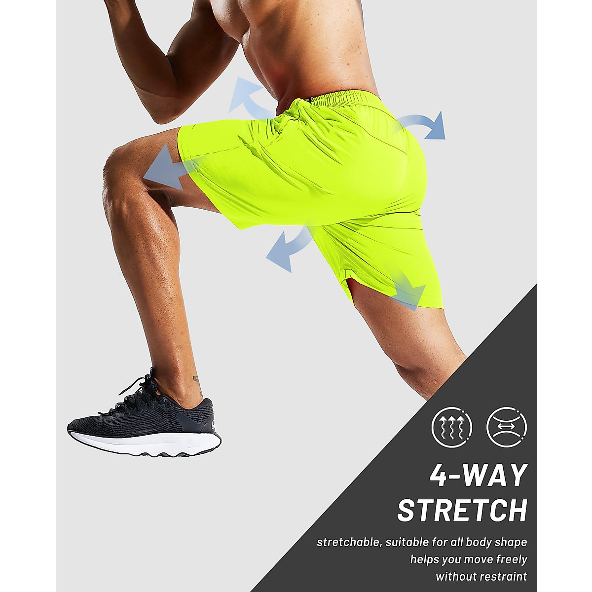 MIER Men's Athletic Shorts Workout Running Quick Dry Lightweight Gym Shorts with Zip Pockets 7" Inseam, Neon Green, Medium