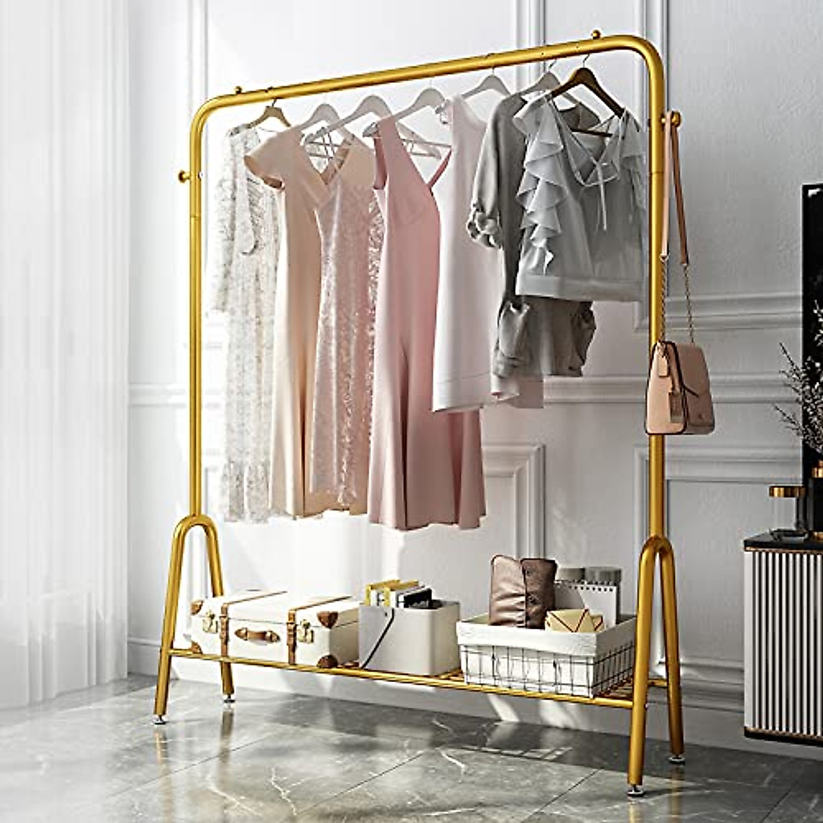 Grade one Gold Garment Rack Clothes Rack Metal Heavy Duty Drying Clothing Rack Metal Shoes Bags Clothes Organizer Storage Shelves