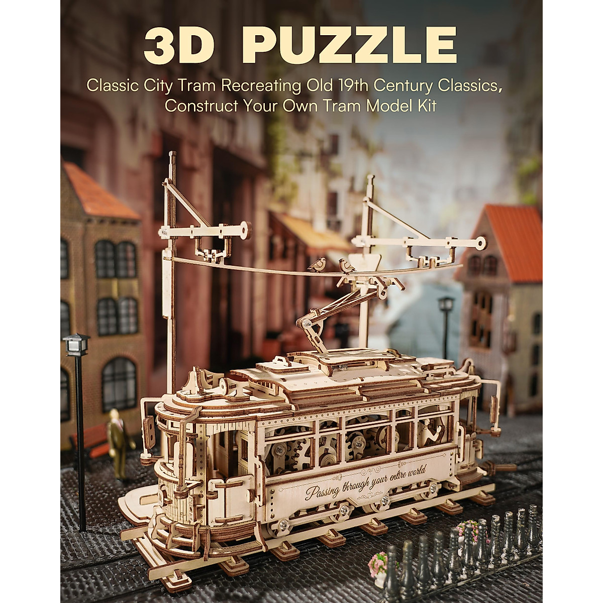 RoWood 3D Puzzles for Adults,Car Model Kit, 3D Wooden Puzzle Mechanical Tram Model,Wood Building Kit, Assembly Time 5H,Unique Gifts for Teens&Adults