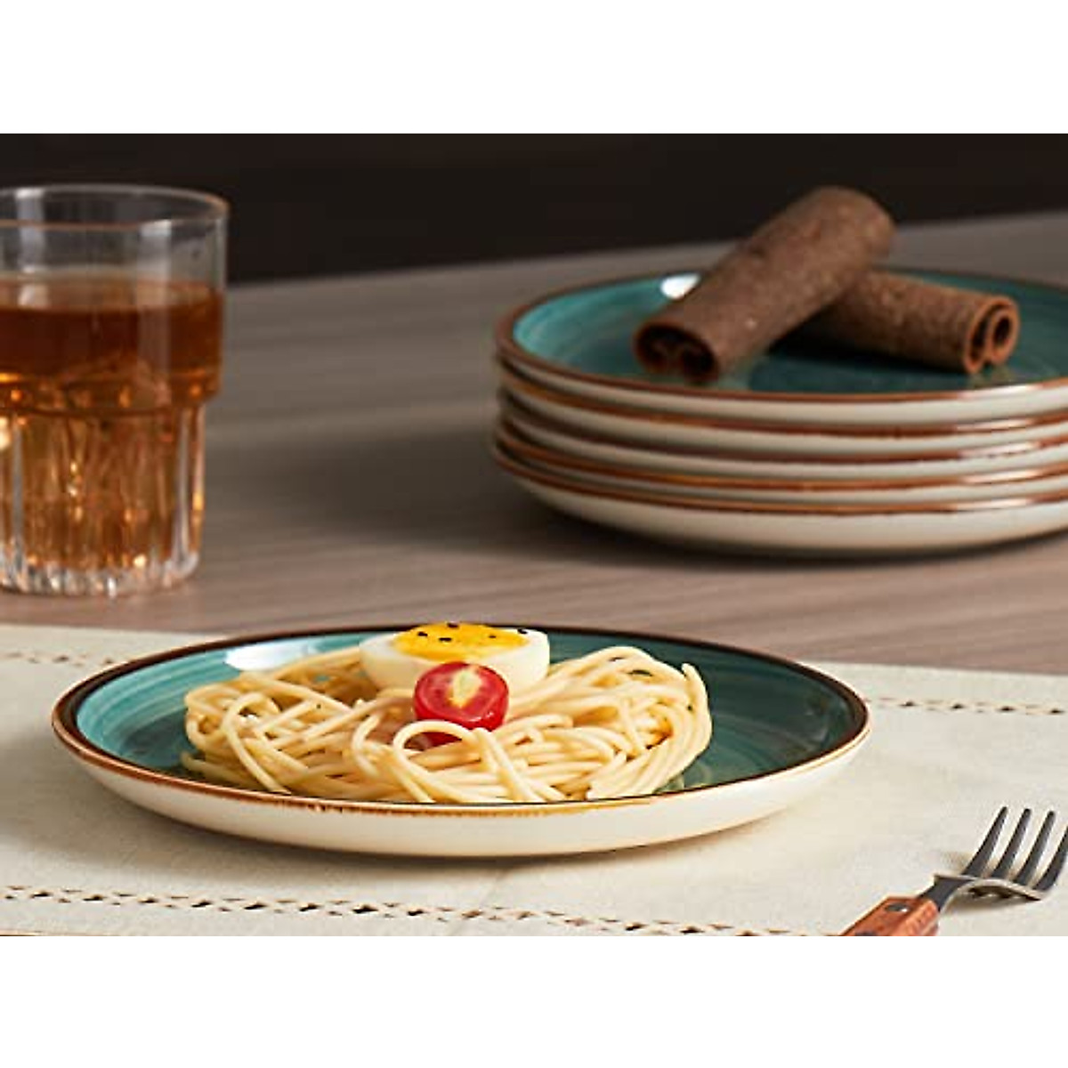 ONEMORE Ceramic Dinner Plates Set of 6, 8.5 inch Small Stoneware Plates for Appetizer, Salad and Dessert. Oven, Microwave and Dishwasher Safe Plate, Stackable, Rustic Kitchen Porcelain Dish, Teal