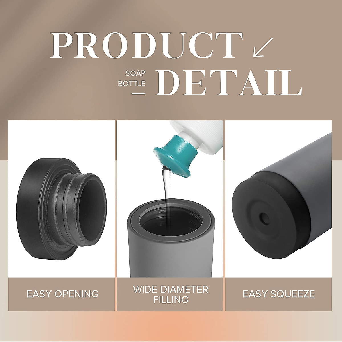 ElmRidge Dish Soap Silicone Dispenser for Kitchen Sink,Squeeze Washing Up Liquid and Hand Soap,Round refillable Silicone Bottles,Easy to Fill and to use, 8.5 oz,Black 2.4 x 2.4 x 5.5 inches (Gray)