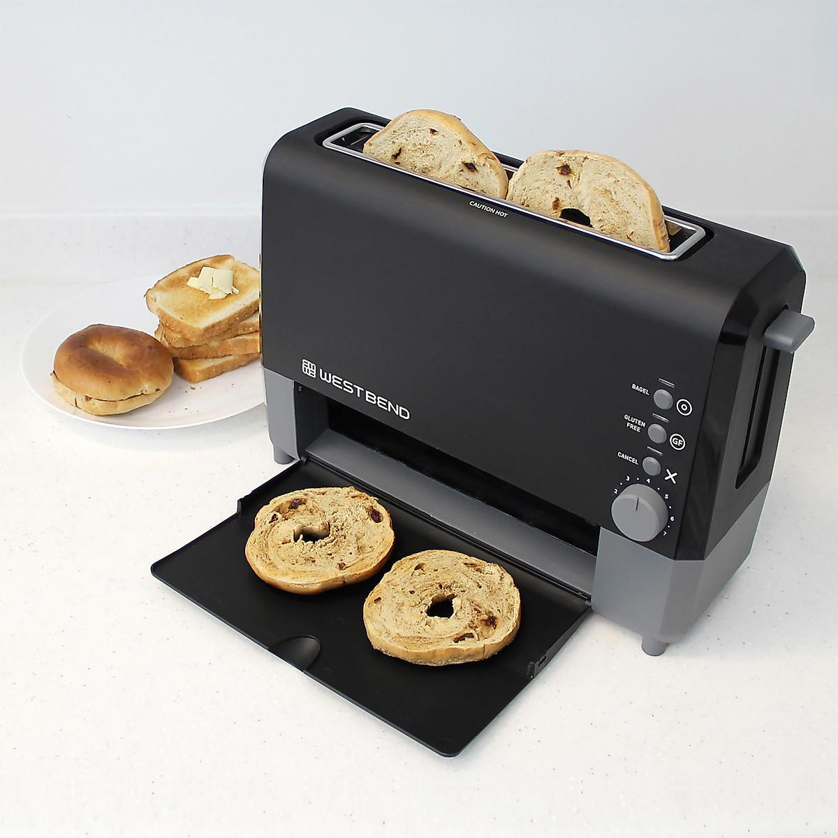 West Bend 77224 Toaster 2 Slice QuikServe Wide Slot Slide Through with Bagel and Gluten-Free Settings and Cool Touch Exterior Includes Removable Serving Tray, Black