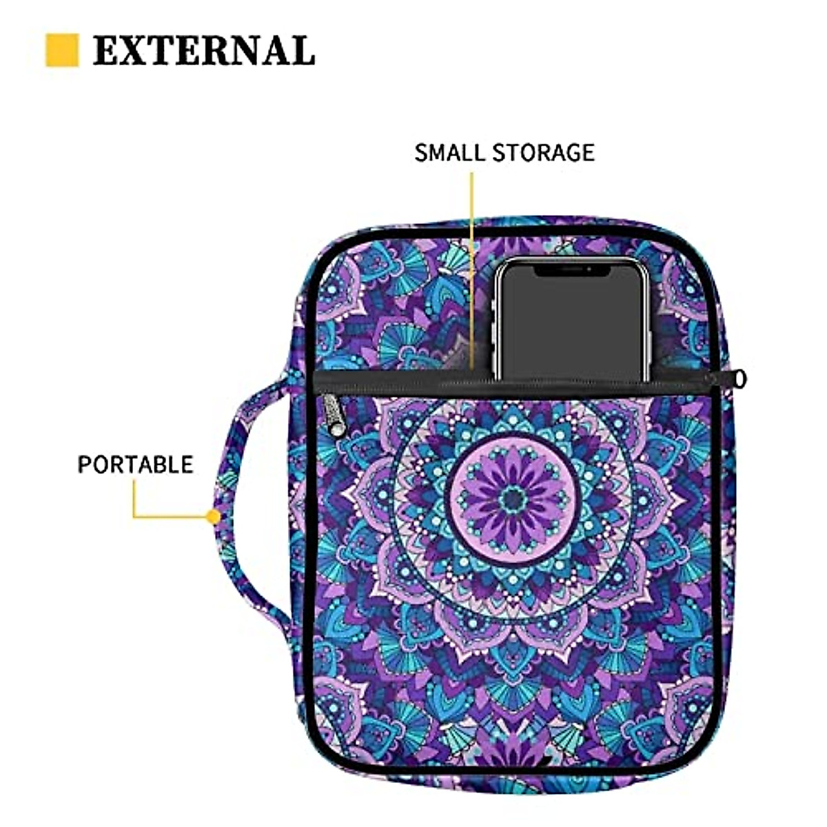 Gomyblomy Purple Mandala Bohemian Ethnic Flower Print Bible Case for Women, Girls, Large Size Carrying Bible Case, Church Study Scripture Pouch Bible Book Cover with Handle and Zipper Pocket