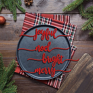 12 Pcs 6 Styles Place Cards for Christmas Table Wood Signs Decor Wood Word Cutouts Winter Dining Table Plate Ornament Rustic Wooden Decor for Table, Merry, Believe, Bright, Peace, Joyful and Noel