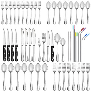 56 Pcs Silverware Set with Steak Knives and Metal Straw for 8,Stainless Steel Flatware Set, Mirror Polished Cutlery Utensil Set, Home Kitchen Eating Tableware Set,Fork Knife Spoon Set,Dishwasher Safe