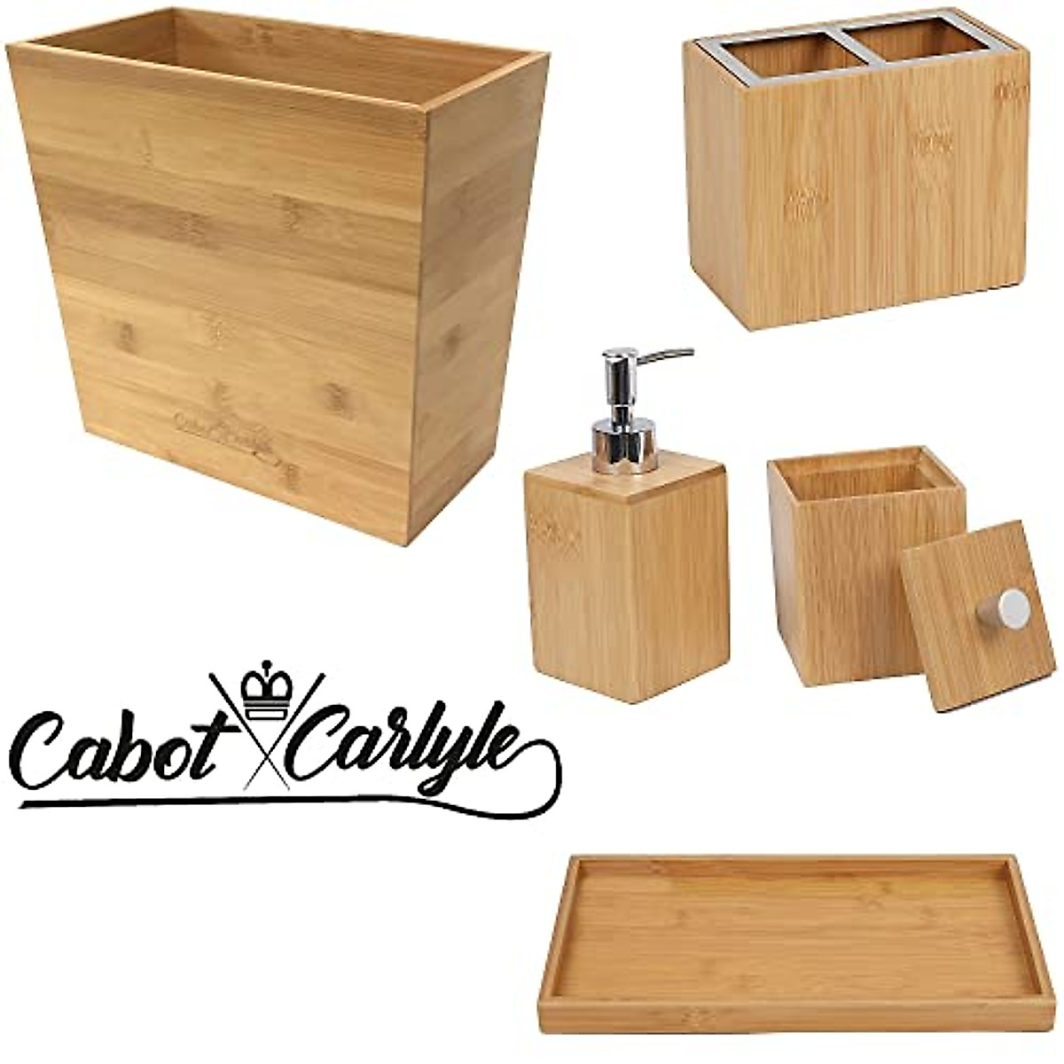 Bamboo Bathroom Accessories Set with Bamboo Trash Can 5 Piece Complete Wood Boho Bathroom Accessory Set Toiletry Box Toothbrush Holder Liquid Bamboo Soap Dispenser Wood Towel Tray Bamboo Decor