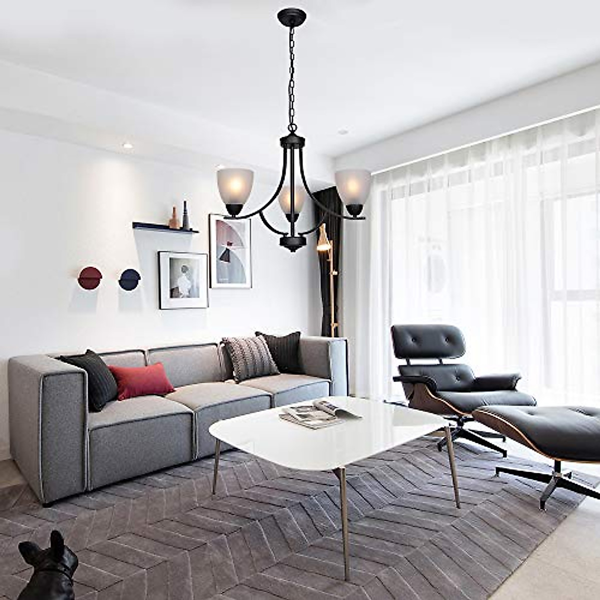 VINLUZ 3 Light Shaded Contemporary Chandeliers with Alabaster Glass Black Rustic Light Fixtures Ceiling Hanging Mid Century Modern Pendant Lighting for Bed Room Dining Room Foyer Living Room