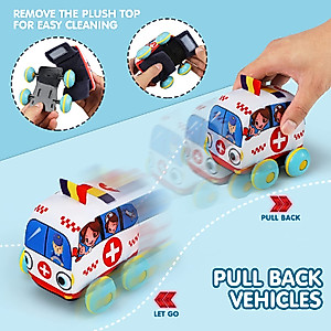 TOY Life Toddler Cars Pull Back Cars for Toddler Plush Car Toys for 2 Year Old Boy Softs Toy Cars for Baby Cars with Map Toddler Car Toys Soft Plush Toys for Toddler Pull Back Truck Infant Boy Toys