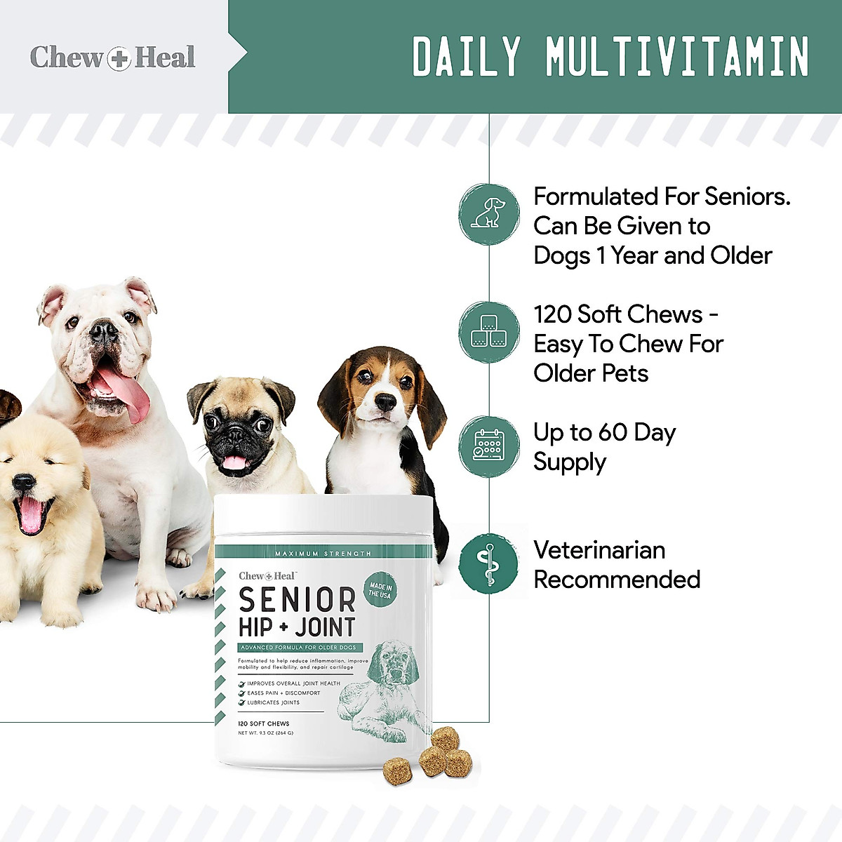 Glucosamine for Dogs Hip and Joint Supplement - 120 Soft Chews for Senior Dogs with Glucosamine, Chondroitin, MSM, Vitamin C, and Omegas - for Mobility, Cartilage, and Joint Health