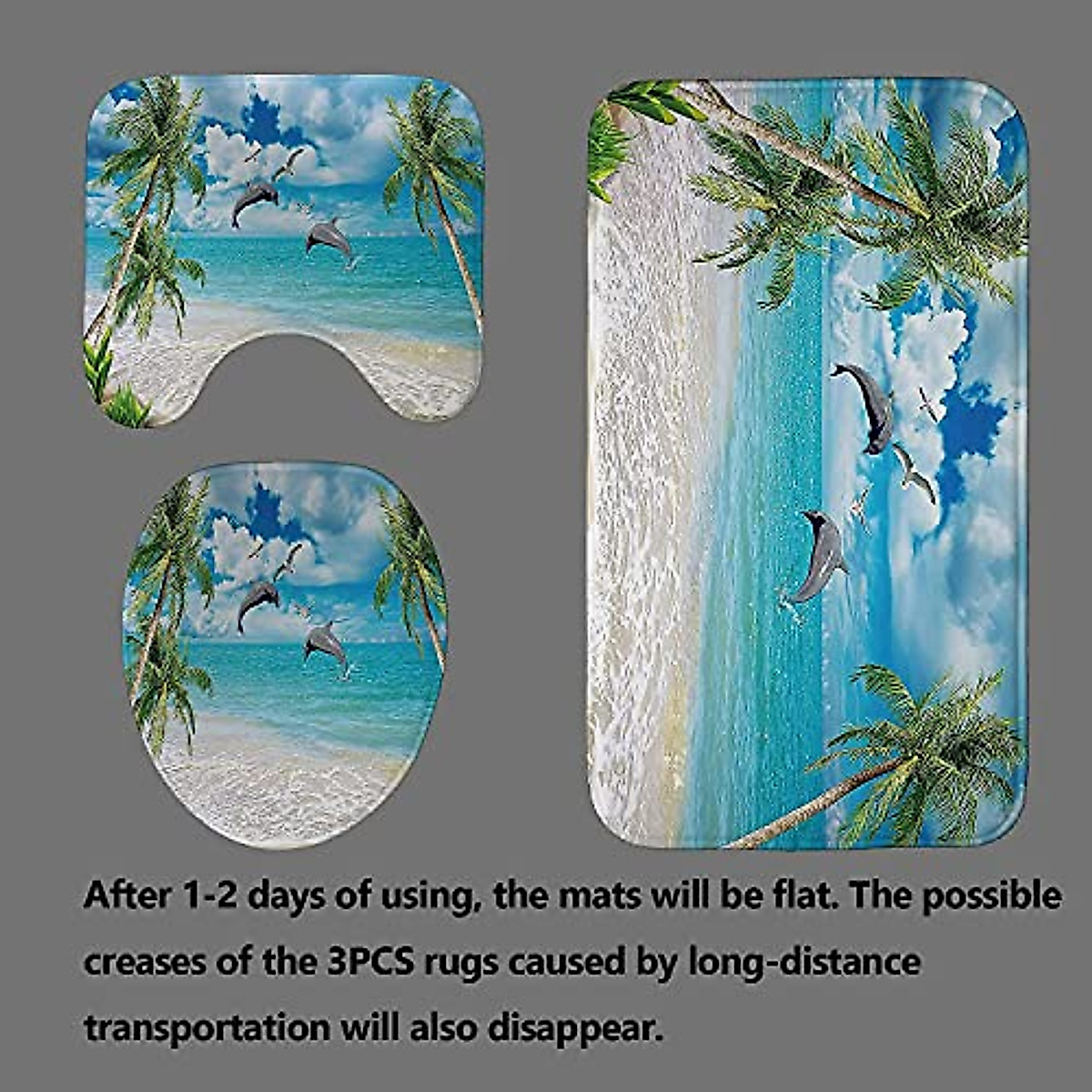 AKvsoze 4PCS Set Tropical Ocean Beach Dolphin Shower Curtain, Teal Sea Blue Sky White Clouds Seagull Green Palm Leaf Seaside Island Scenery Marine Life Bathroom Decor, Non-slip Bath Rugs, Coconut Tree