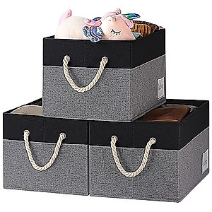 RVSNQ Large Fabric Storage Bins, Closet Storage Bins with Cotton Rope Handle and Label, Foldable Storage Boxes for Organizing, Storage Baskets for Shelves Bedroom Closet Office(3-Pack, Grey&Black)