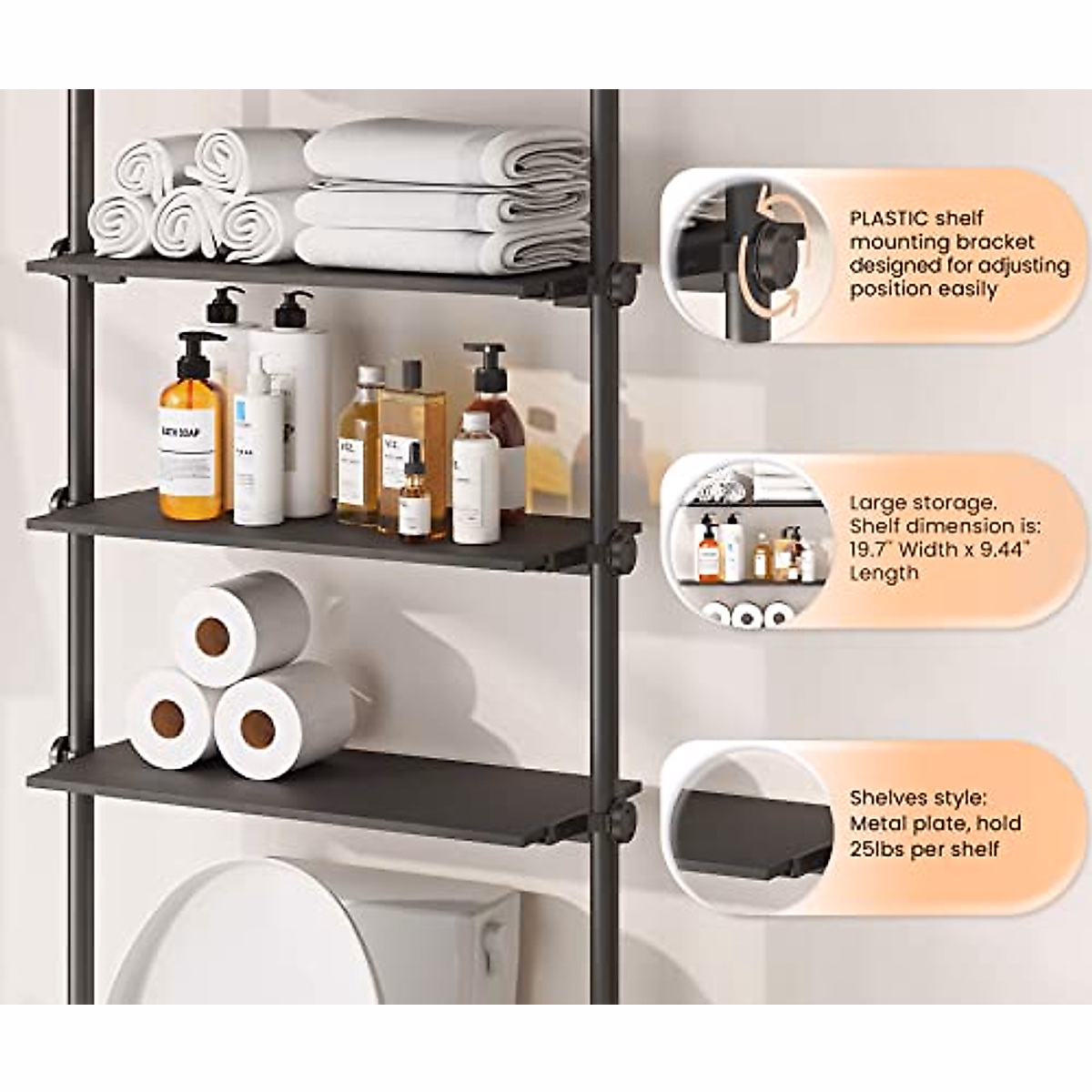 ALLZONE Over The Toilet Storage Cabinet, 4 Tier Over Toilet Bathroom Organizer, Adjustable Bathroom Shelves Over Toilet, Fit Most Showers on Above Toilet Storage, 92 to 116 Inch, Metal Shelves,Black