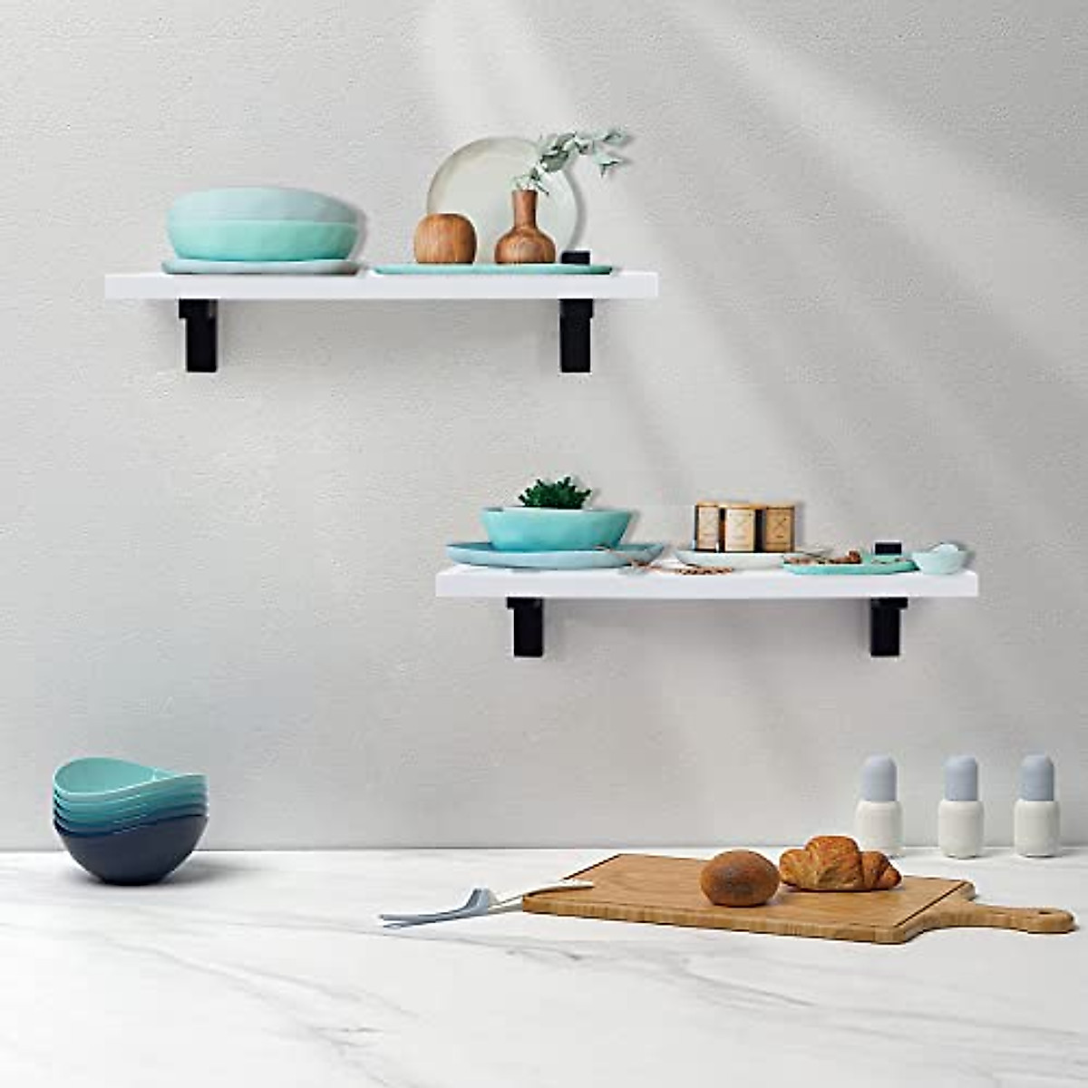 White Floating Shelves 16 Inch Long, Wooden Bathroom Shelves Set of 2, Modern Floating Wall Shelf with Glossy Finish for Home Decor & Storage