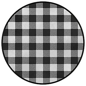 Buffalo Plaid Round Area Rug,Black and White Buffalo Check Large Circle Rugs Non Slip Round Floor Mat Soft Washable Carpet for Living Room Bedroom Indoor Outdoor, 3 ft