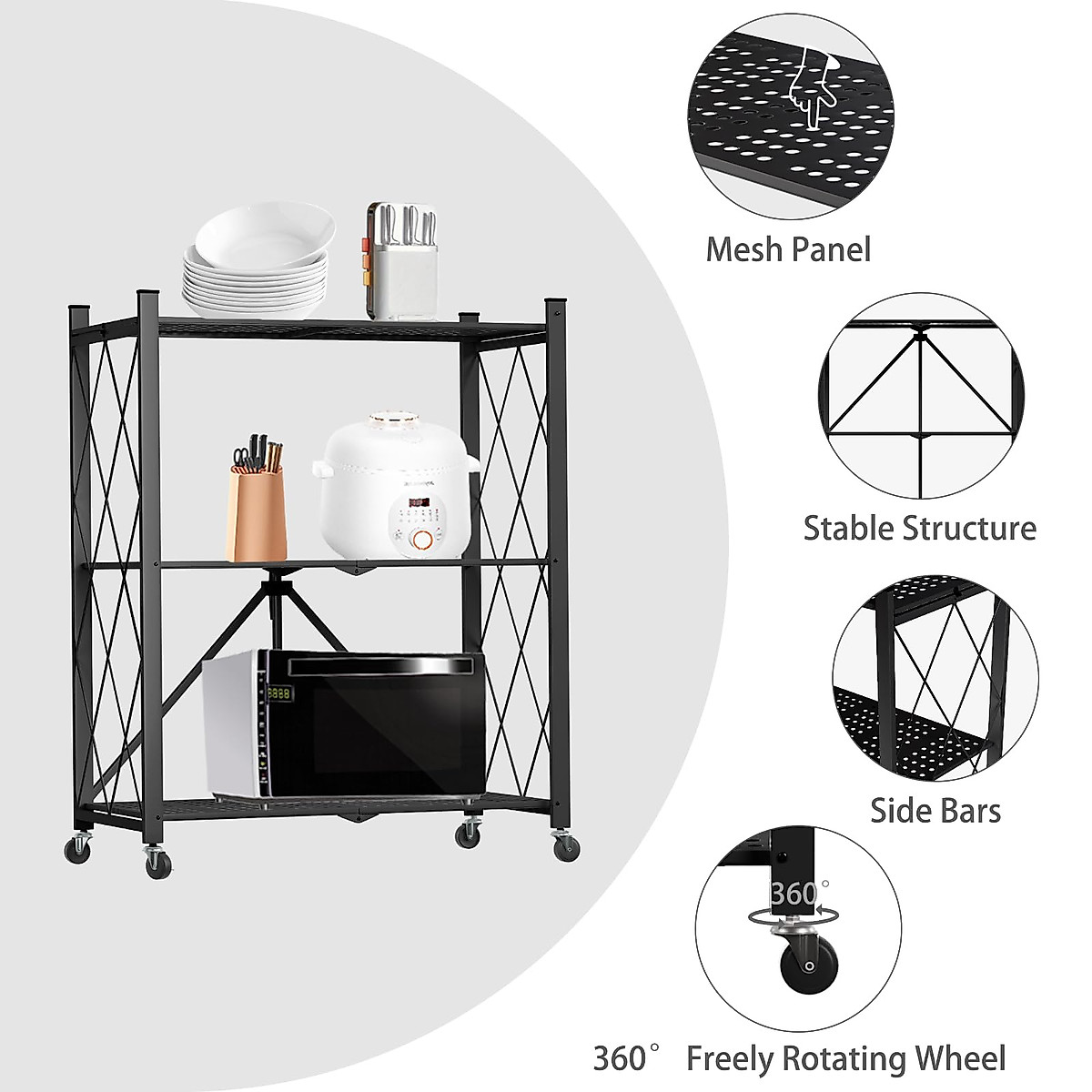 Yuanjimi 3 Tier Foldable Storage Shelf with Wheels, Heavy Duty Garage Shelving Unit Loads 550 LBS, Metal Steel Collapsible Shelves, Rolling Standing Utility Rack for Kitchen, Pantry, Office, Black