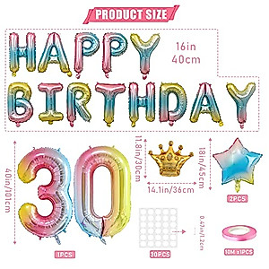 16Pcs Happy Birthday Balloons Banner, Gradient Happy Birthday Party Balloons 16 Inch Colorful Foil Letter Sign Balloons Banner Bunting for Girls Kids Baby Shower 30th Party Supplies