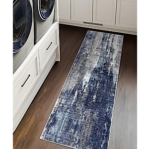 Uphome Washable Runner Rug, 2x6 Abstract Bathroom Runner Rug, Blue Soft Non-Slip Hallway Rug, Modern Neutral Aesthetic Indoor Rug for Kitchen Bedroom Porch
