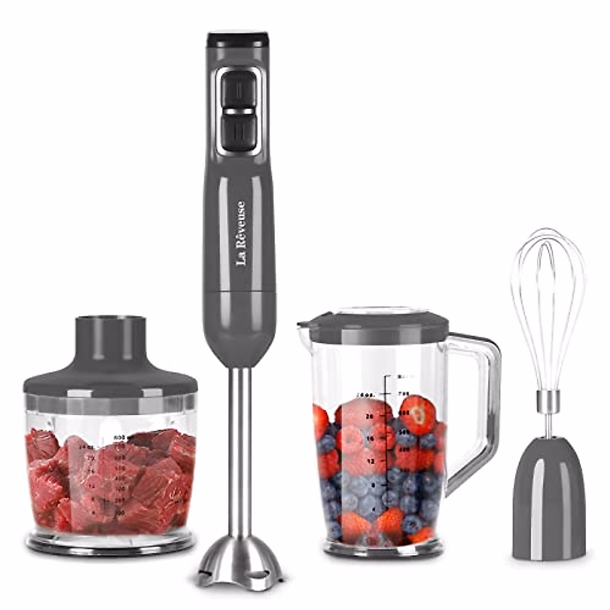 La Reveuse Immersion Hand Blender, 3 in 1, 300 Watts 2 Speeds Multi-purpose with Whisk,Mixing Beaker,Food Chopper Grinder attachments