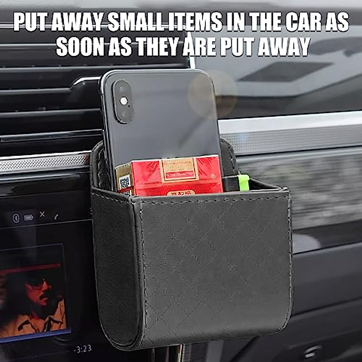 Fogfar 1 PC Car Air Vent Storage Bag, Car Leather Multi-Functional Box, Used for Mobile Phones, Key Racks, Sunglasses Storage Boxes, Suitable for Most Cars (Black)