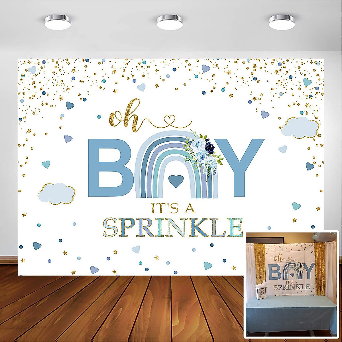 Avezano Blue Rainbow Baby Shower Backdrop for Boy Rainbow Baby Sprinkle Decorations Photography Background Pastel Rainbow Blue and Gold Confetti Oh Boy Party Photoshoot Decor (7x5ft)