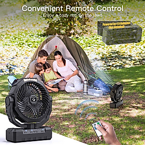 FRIZCOL Battery Operated Fan [200H Max], 2 IN 1 D-Cell Battery & USB Powered Fan, Portable Camping Fan with 4 Speeds, Light, Timer, Remote for Outdoor Tent, Travel, Picnic, Office, Bedroom - Black