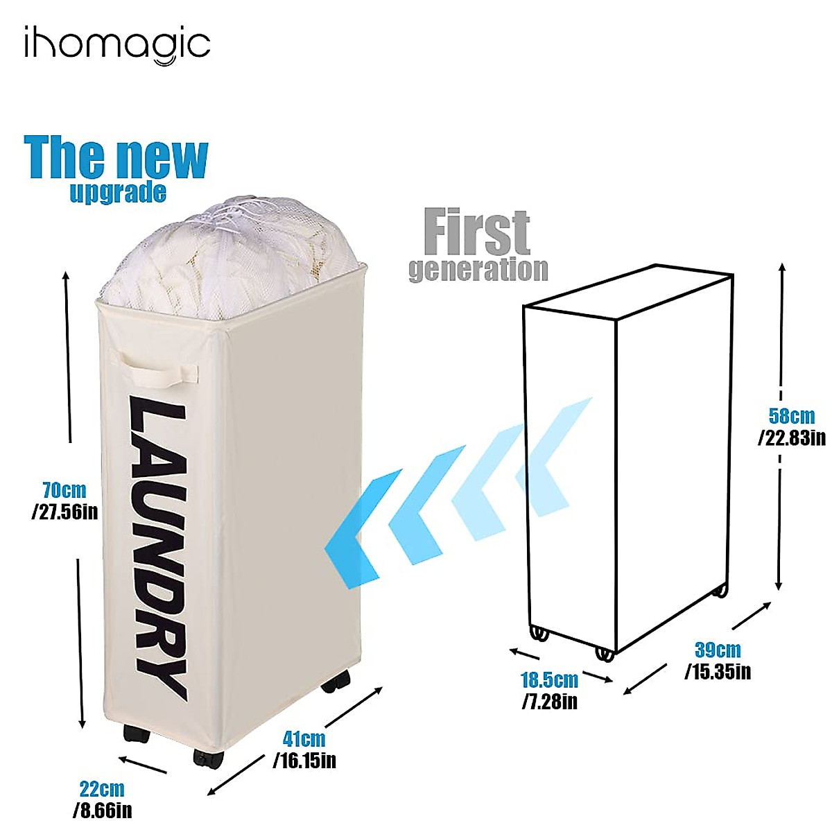 IHOMAGIC 62L Laundry Baskets on Wheels – Decorative Foldable Laundry Hamper with Removable Mesh Laundry Bags, Large Corner Storage Bins Handles for Storing Bedroom Clothes (Beige)