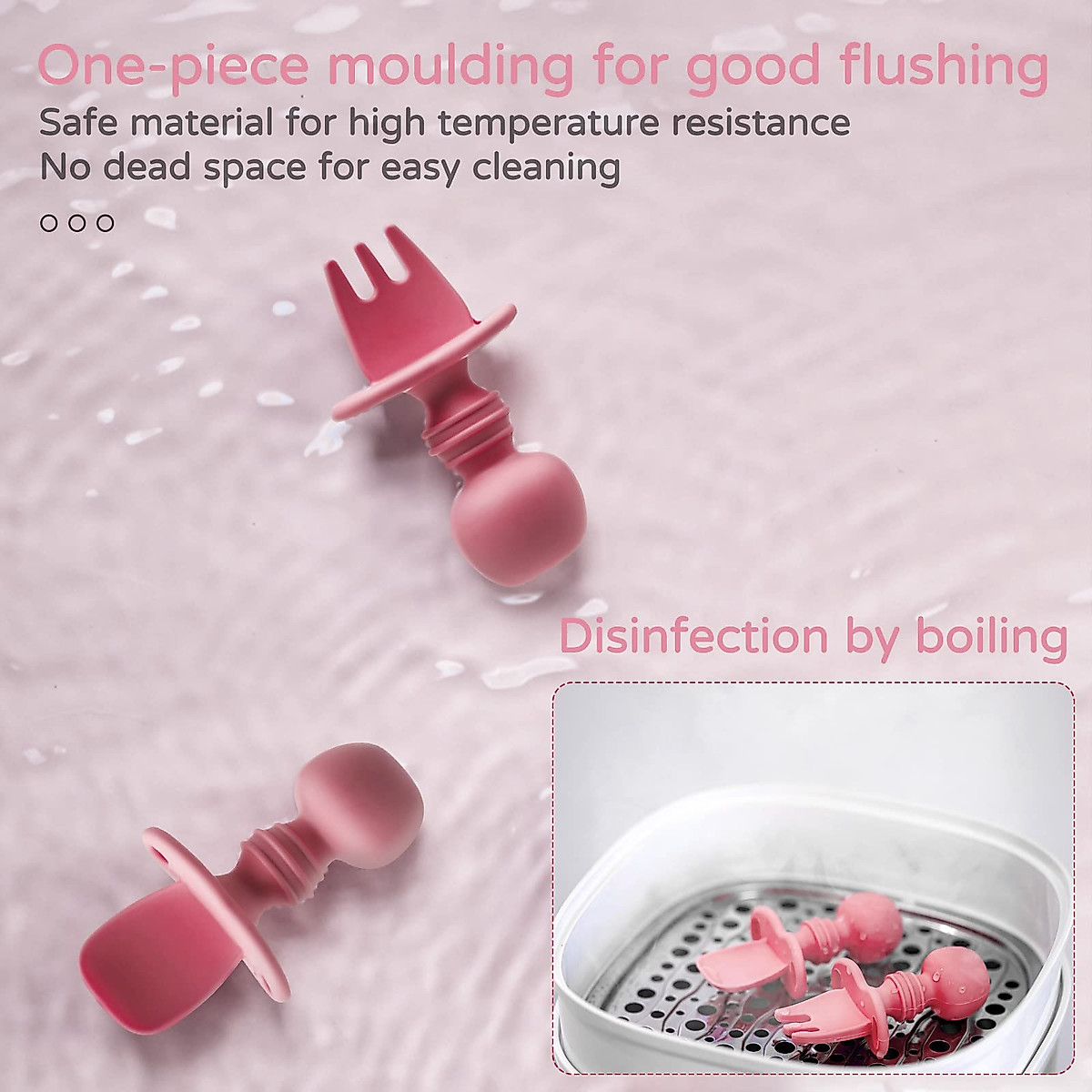 Silikong Silicone Utensils, Baby Fork and Spoon Set, Training Utensils, Baby Led Weaning Stage 1 for Ages 6 Months (Pink)