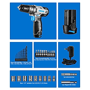 DEKOPRO Cordless Drill, 12V Rechargable Battery Electric Power Impact Drill Driver Set for Home